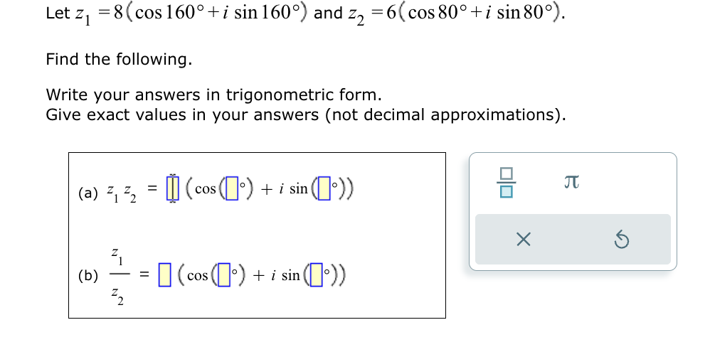 Solved Let z1=8(cos160°+isin160°) ﻿and | Chegg.com