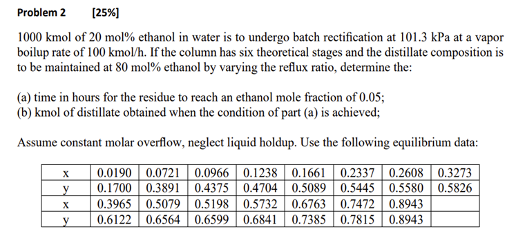 Problem 2[25%]1000kmol of 20mol% ﻿ethanol in water is | Chegg.com