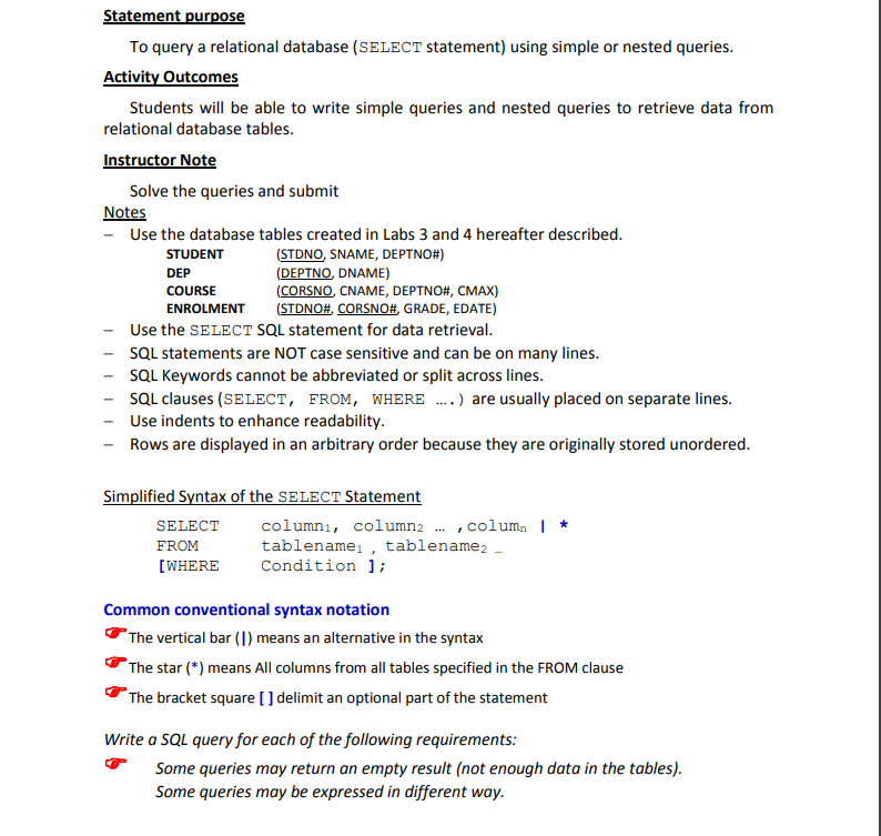 Solved Statement purpose To query a relational database | Chegg.com