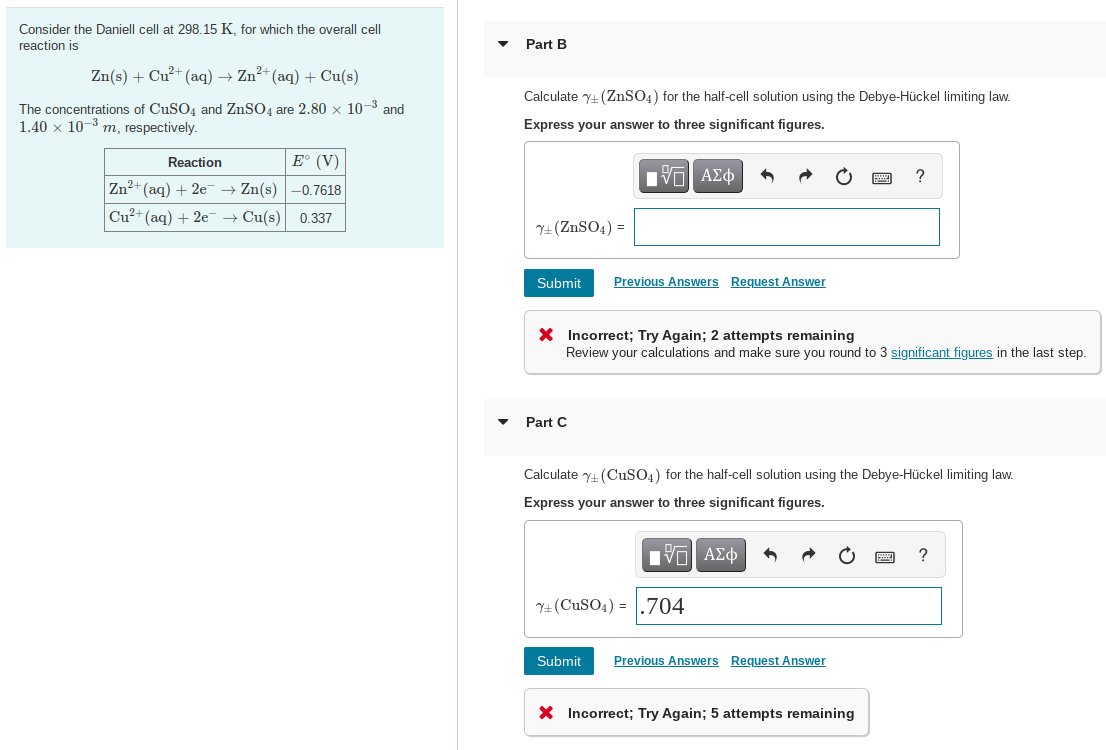 Solved Consider the Daniell cell at 298.15 K, for which the | Chegg.com