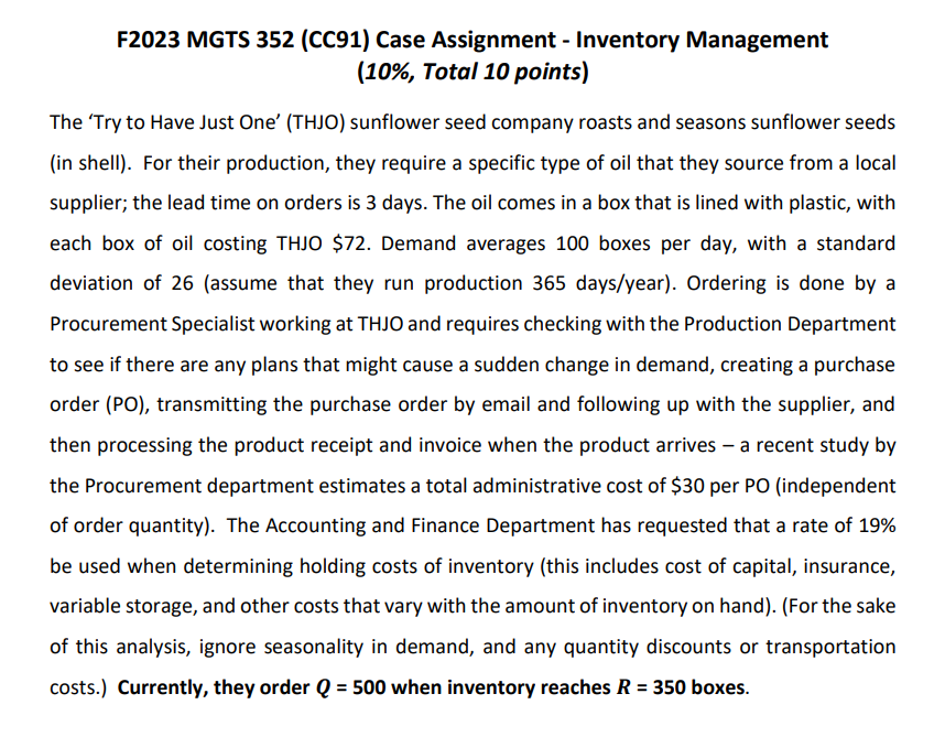 Solved F2023 MGTS 352 (CC91) Case Assignment - Inventory | Chegg.com