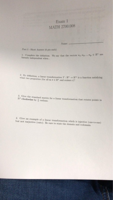Solved Exam 1 MATH 2700.008 Name Part 1-Short Anewer (6 pts | Chegg.com