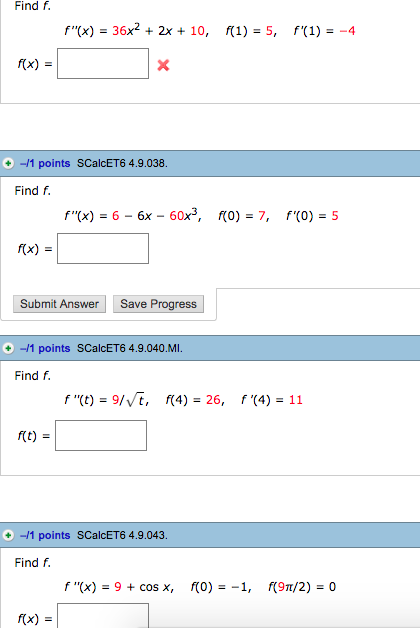 Solved Find f +-1 points SCalcET6 4.9.038 Find f f"(x) = | Chegg.com