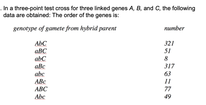 Solved . In a three-point test cross for three linked genes | Chegg.com