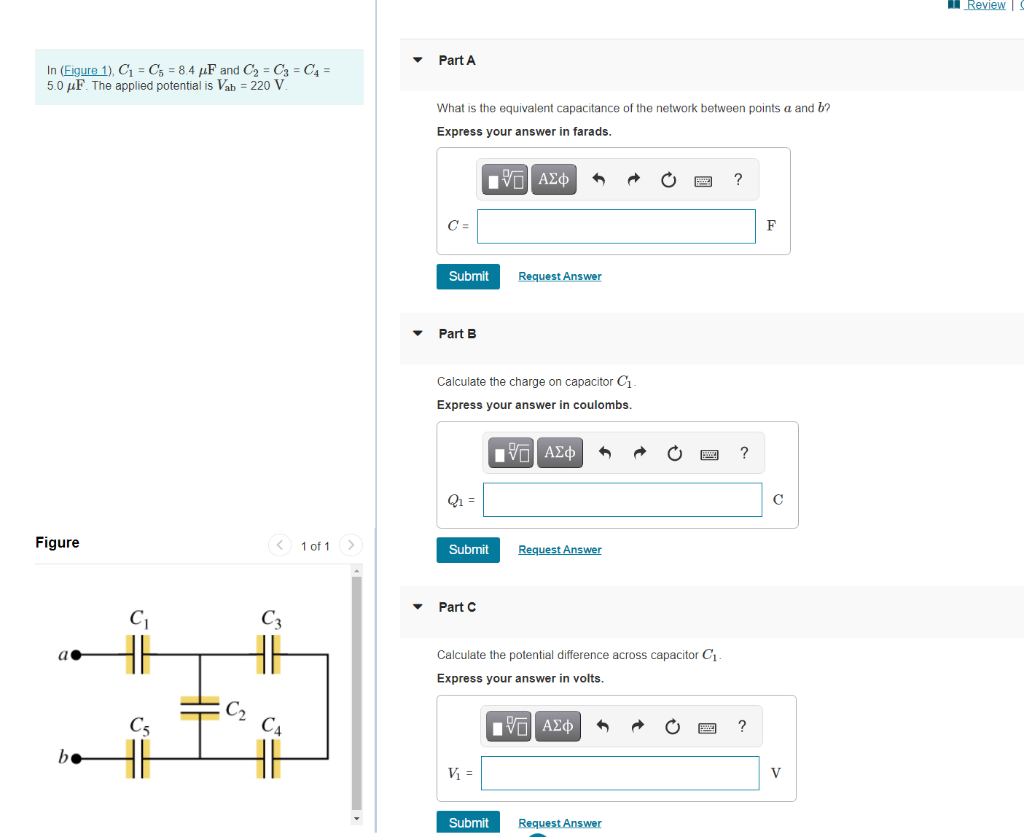 Solved 1 Review Part A In (Figure 1). C1 = C5 = 8.4 4F and | Chegg.com