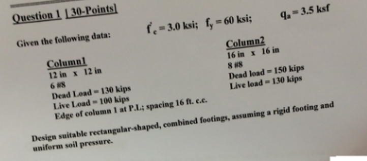 Solved Question 1 | 30-Points) qa= 3.5 ksf f. = 3.0 ksi; fy | Chegg.com
