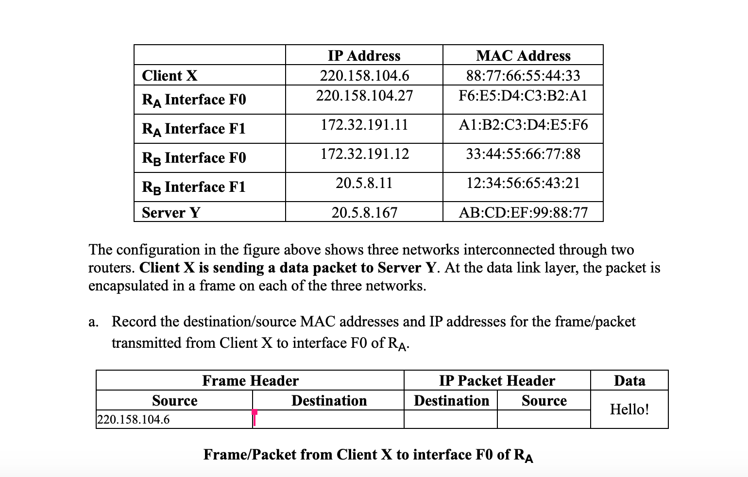 Solved 4. Determine IP and frame header information for a | Chegg.com
