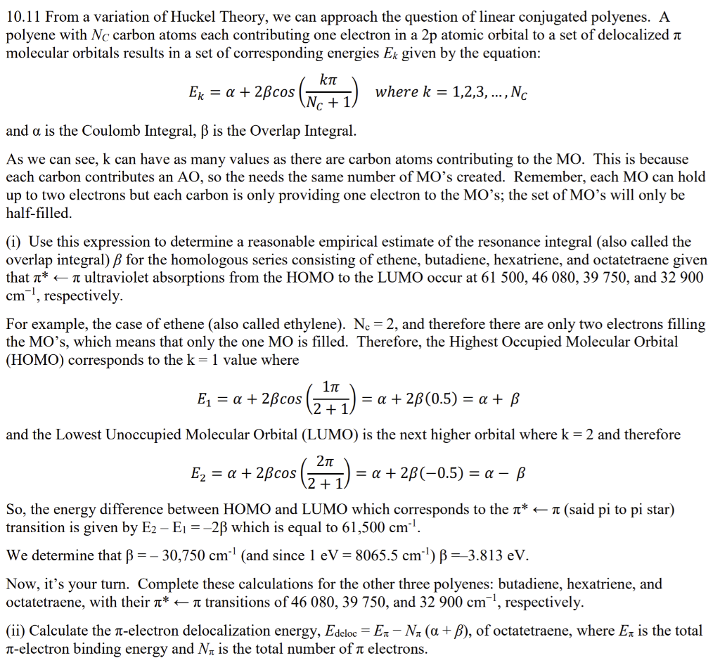 Solved 10.11 From a variation of Huckel Theory, we can | Chegg.com