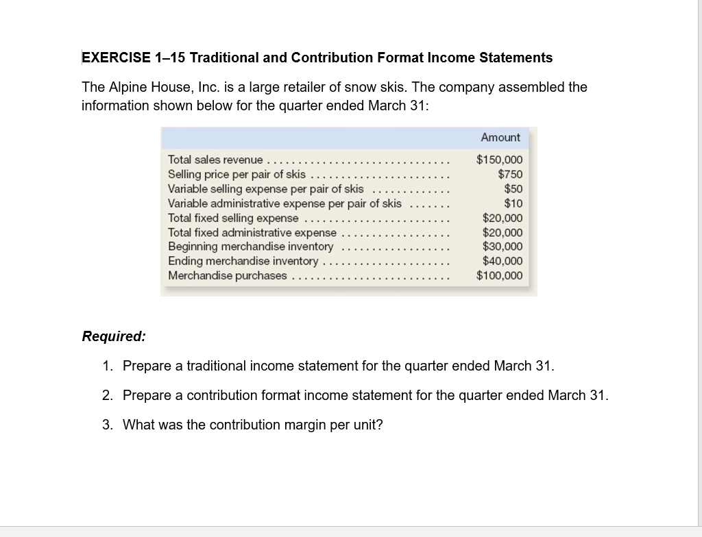 Solved EXERCISE 1-15 Traditional and Contribution Format | Chegg.com