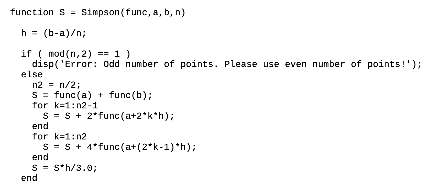 Solved Problem 7.1 A Matlab m-function Simpson.m that | Chegg.com