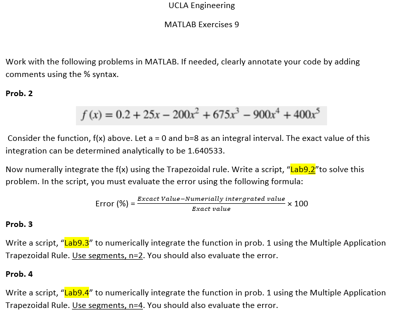 Solved UCLA Engineering MATLAB Exercises 9 Work with the | Chegg.com