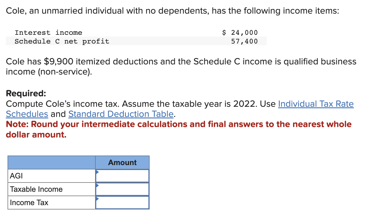 Solved Cole, an unmarried individual with no dependents, has | Chegg.com