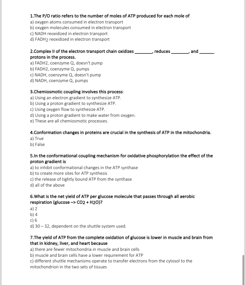 Solved 1.The P/O ratio refers to the number of moles of ATP | Chegg.com