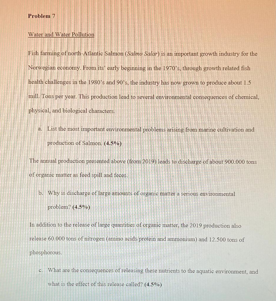 Solved Problem 7 Water and Water Pollution Fish farming of | Chegg.com