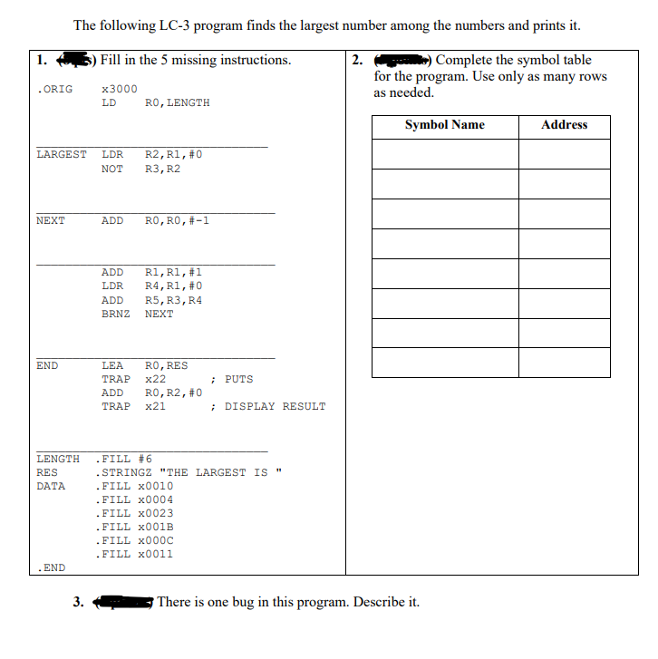 Solved The following LC-3 program finds the largest number | Chegg.com