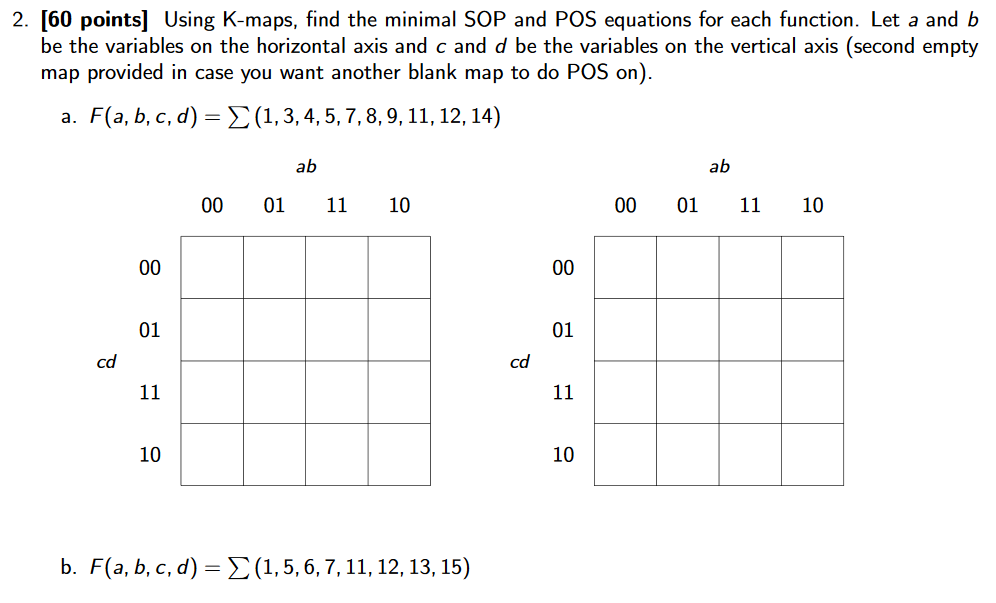 Solved 2. [60 points Using K-maps, find the minimal SOP and | Chegg.com