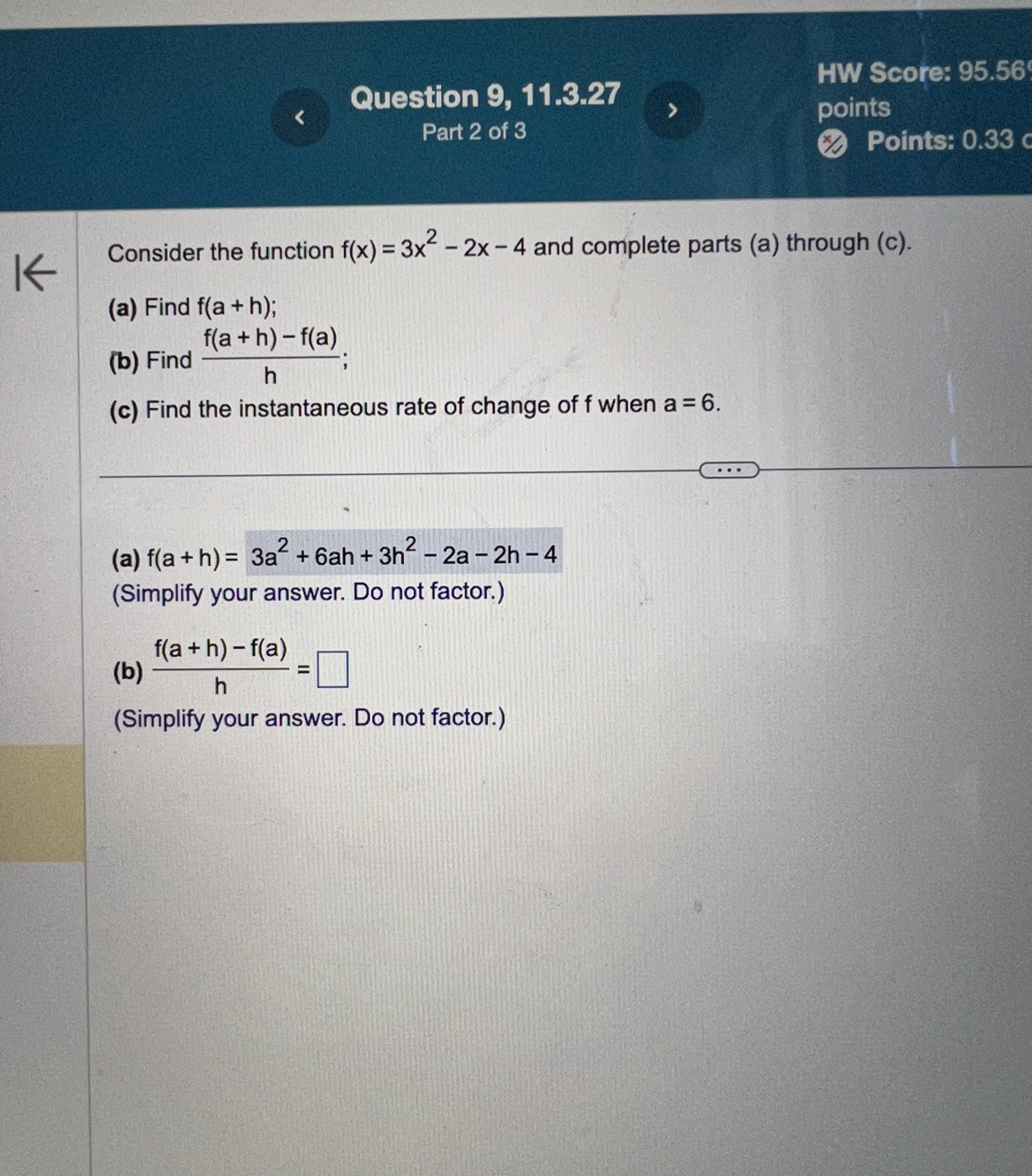 Solved Consider the function f(x)=3x2−2x−4 and complete | Chegg.com