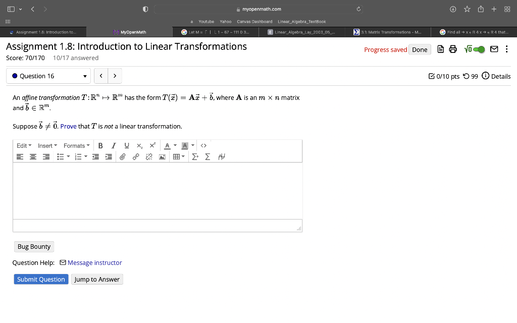 Solved An affine transformation T:Rn↦RmT:Rn↦Rm has the form | Chegg.com