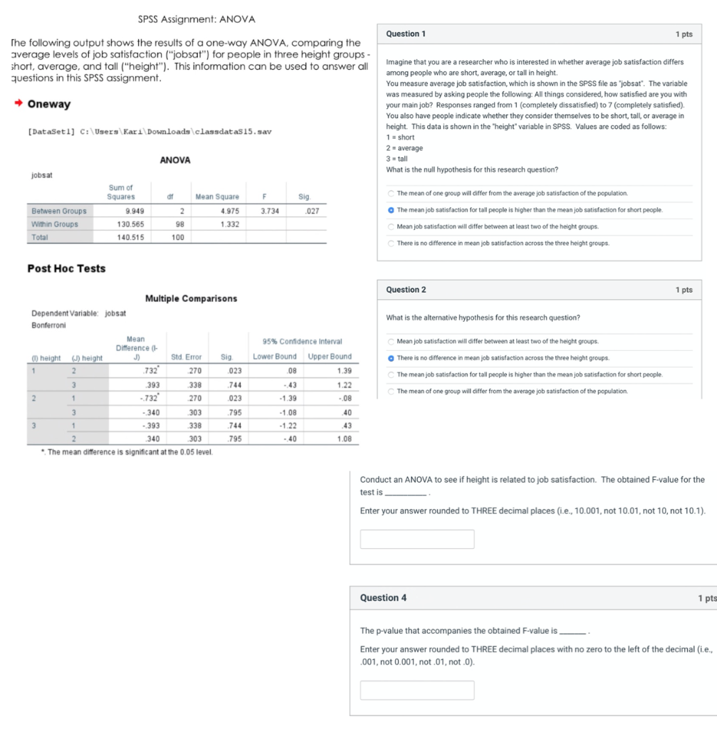 Solved SPSS Assignment: ANOVA Question 1 1 pts The following | Chegg.com