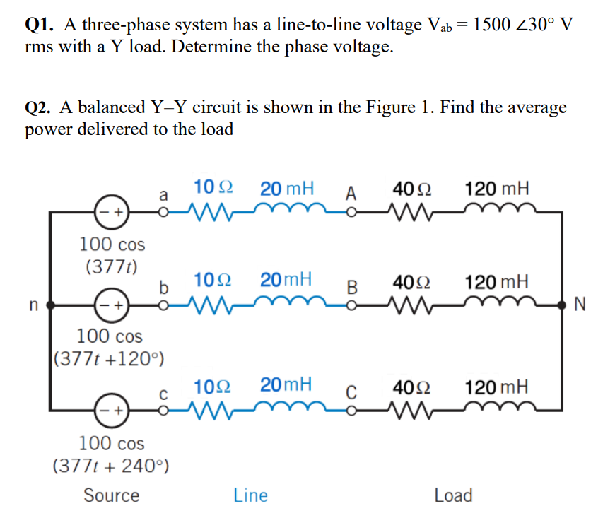 Solved Q1. A three-phase system has a line-to-line voltage | Chegg.com