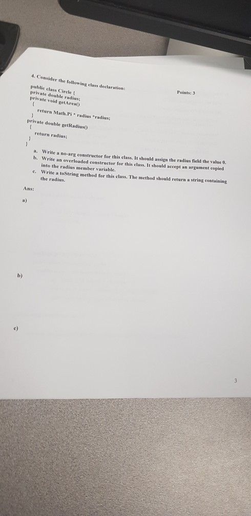 Solved 4. Consider the followi ing class declaration Points: | Chegg.com