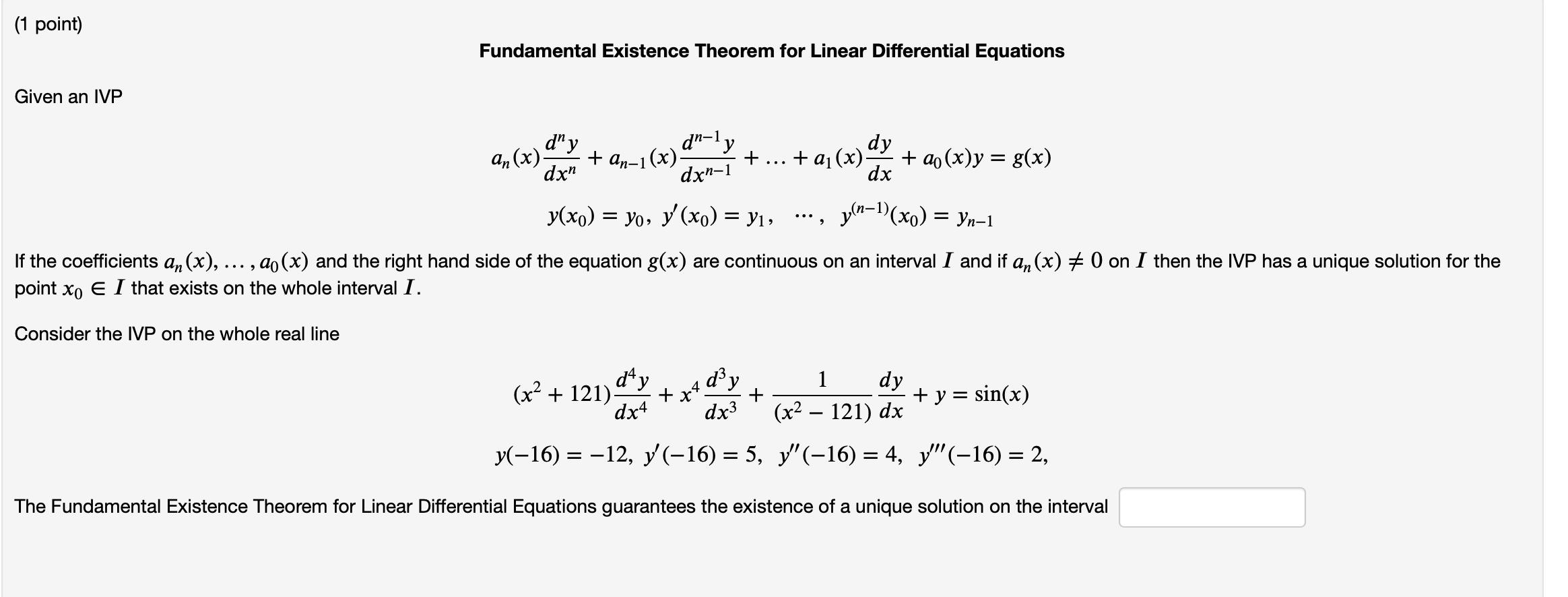 Solved (1 point) Fundamental Existence Theorem for Linear | Chegg.com