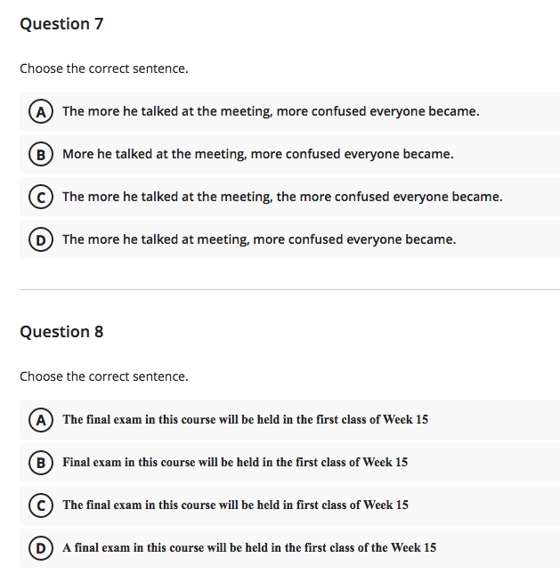 Solved Question 1 Choose the sentence that is correct. A) | Chegg.com