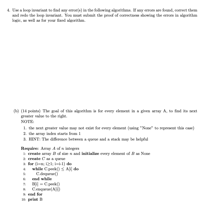 4. Use a loop invariant to find any error(s) in the | Chegg.com