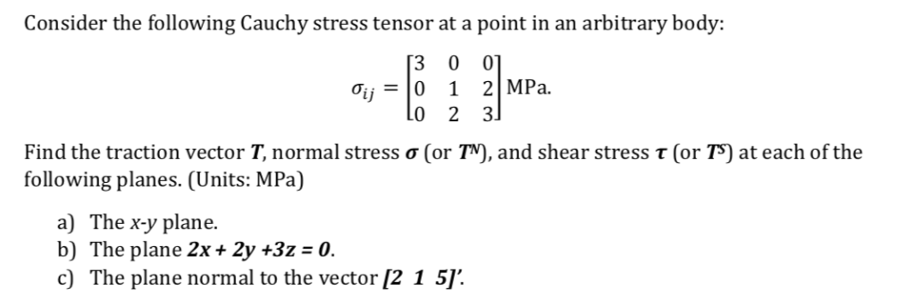 Solved Consider the following Cauchy stress tensor at a | Chegg.com
