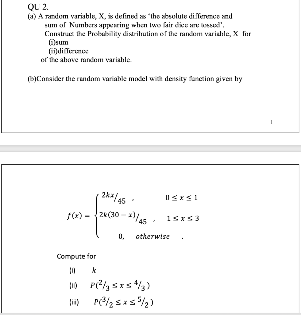 Solved QU 2. (a) A random variable, X, is defined as the | Chegg.com