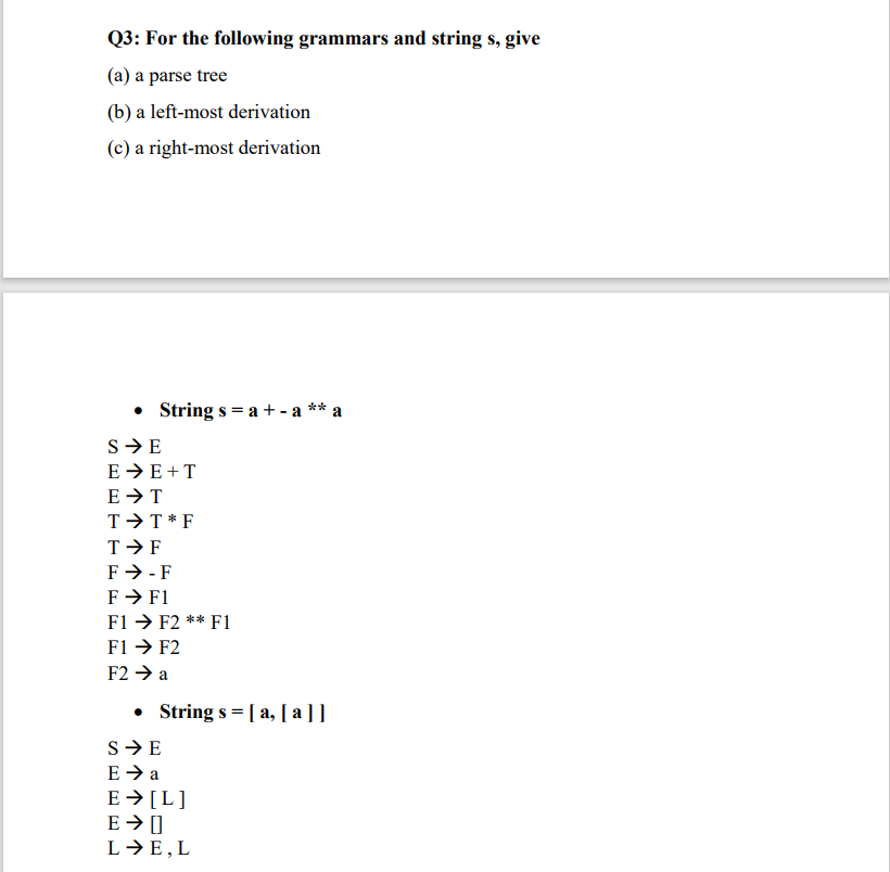 Solved Q3: For the following grammars and string s, give (a) | Chegg.com