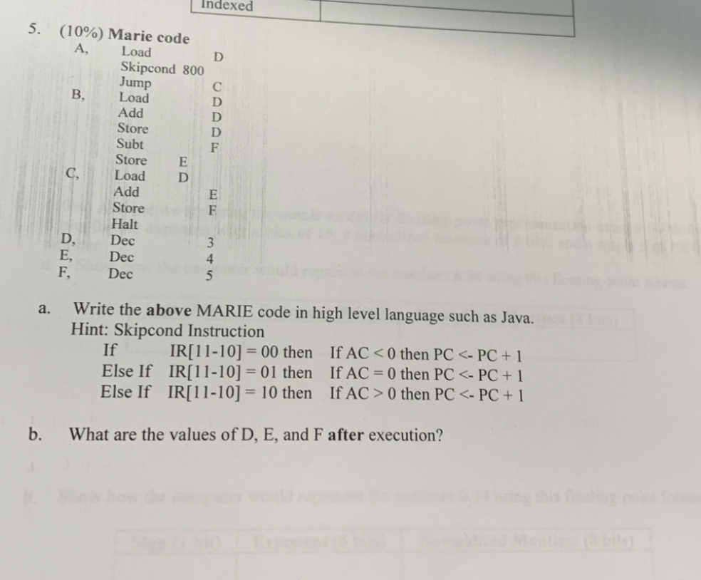 Solved Indexed D 5. (10%) Marie code A, Load Skipcond 800 | Chegg.com