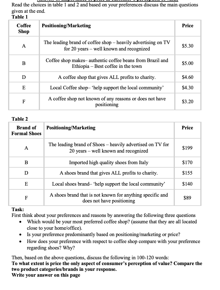 Solved Read the choices in table 1 and 2 and based on your | Chegg.com