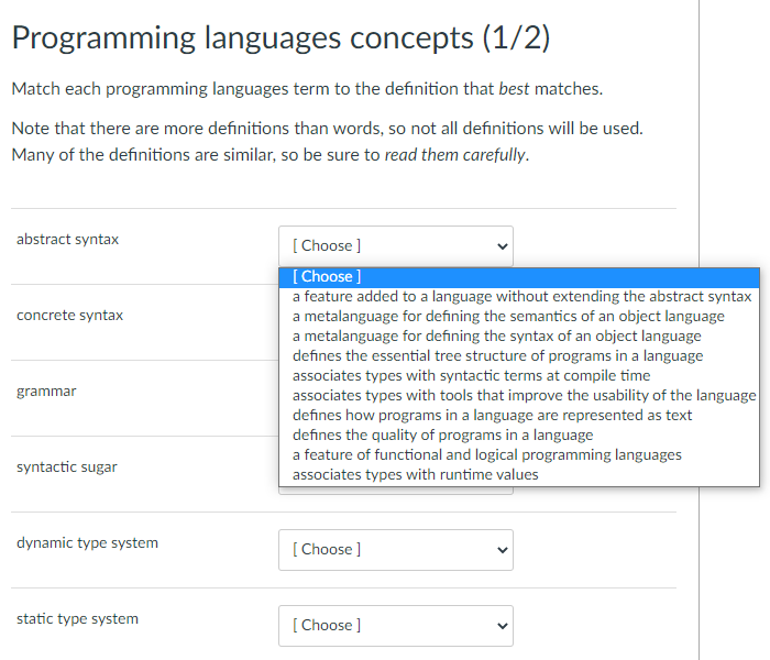 Solved Programming languages concepts (1/2) Match each | Chegg.com