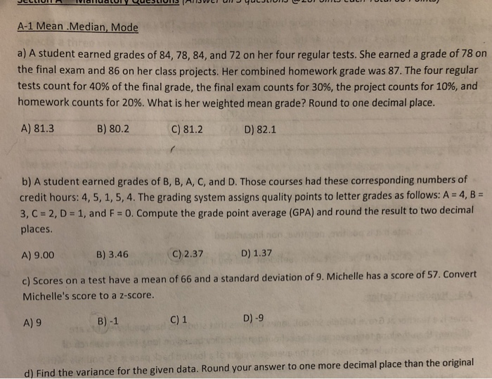 Solved d) Find the variance for the given data. Round your | Chegg.com