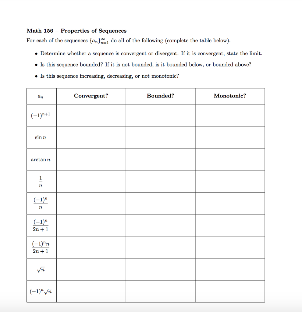 Solved Math 156 - Properties of Sequences For each of the | Chegg.com