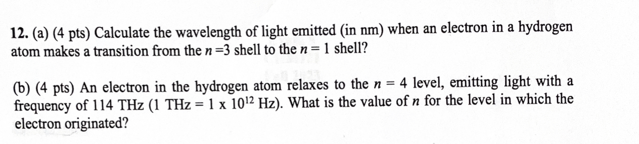 Solved (a) (4 ﻿pts) ﻿Calculate the wavelength of light | Chegg.com