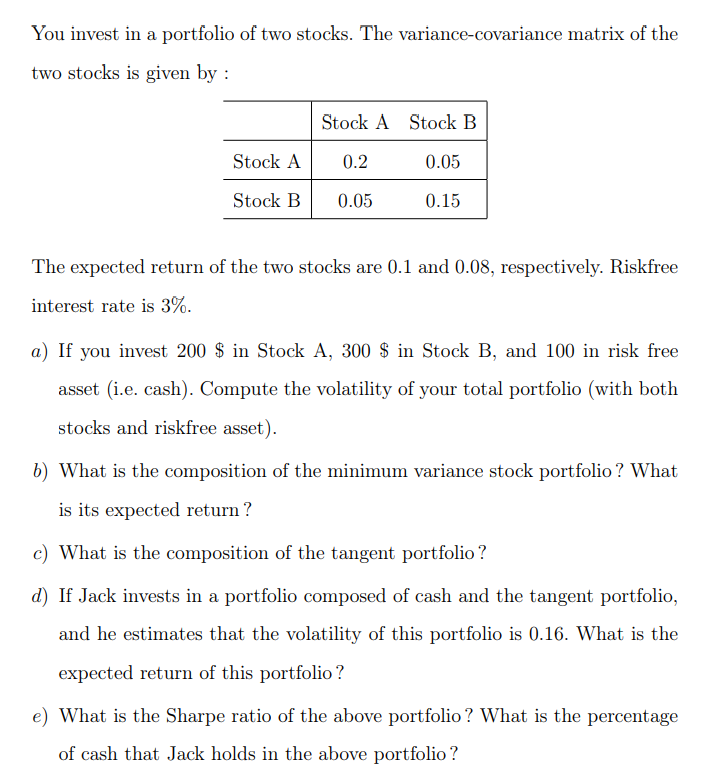 Solved You invest in a portfolio of two stocks. The | Chegg.com