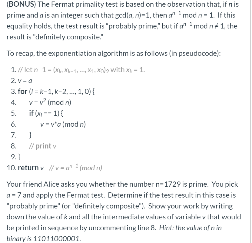 Solved Bonus The Fermat Primality Test Is Based On The