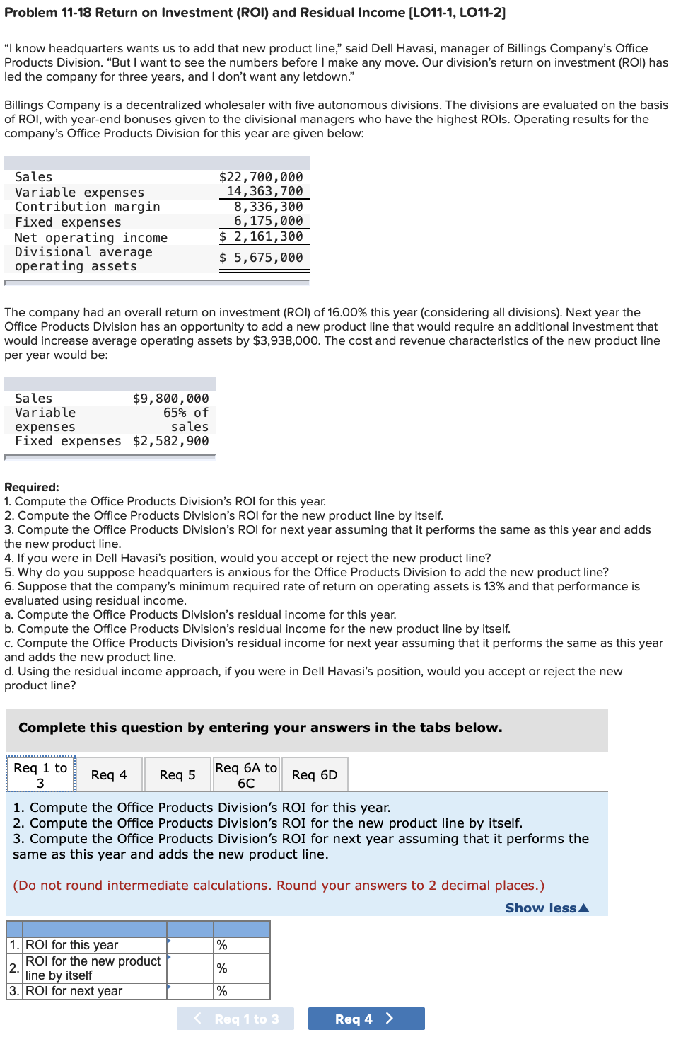 Solved Problem 11-18 Return on Investment (ROI) and Residual | Chegg.com