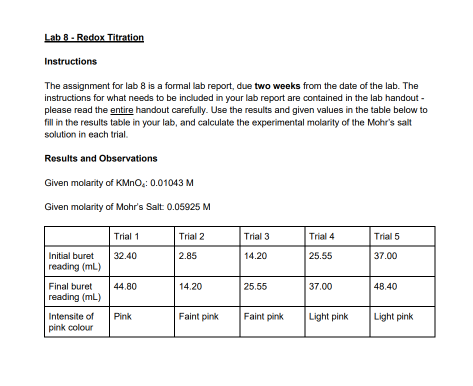 Chemistry 0130 - Lab 8 REDOX TITRATION OBJECTIVE: The | Chegg.com