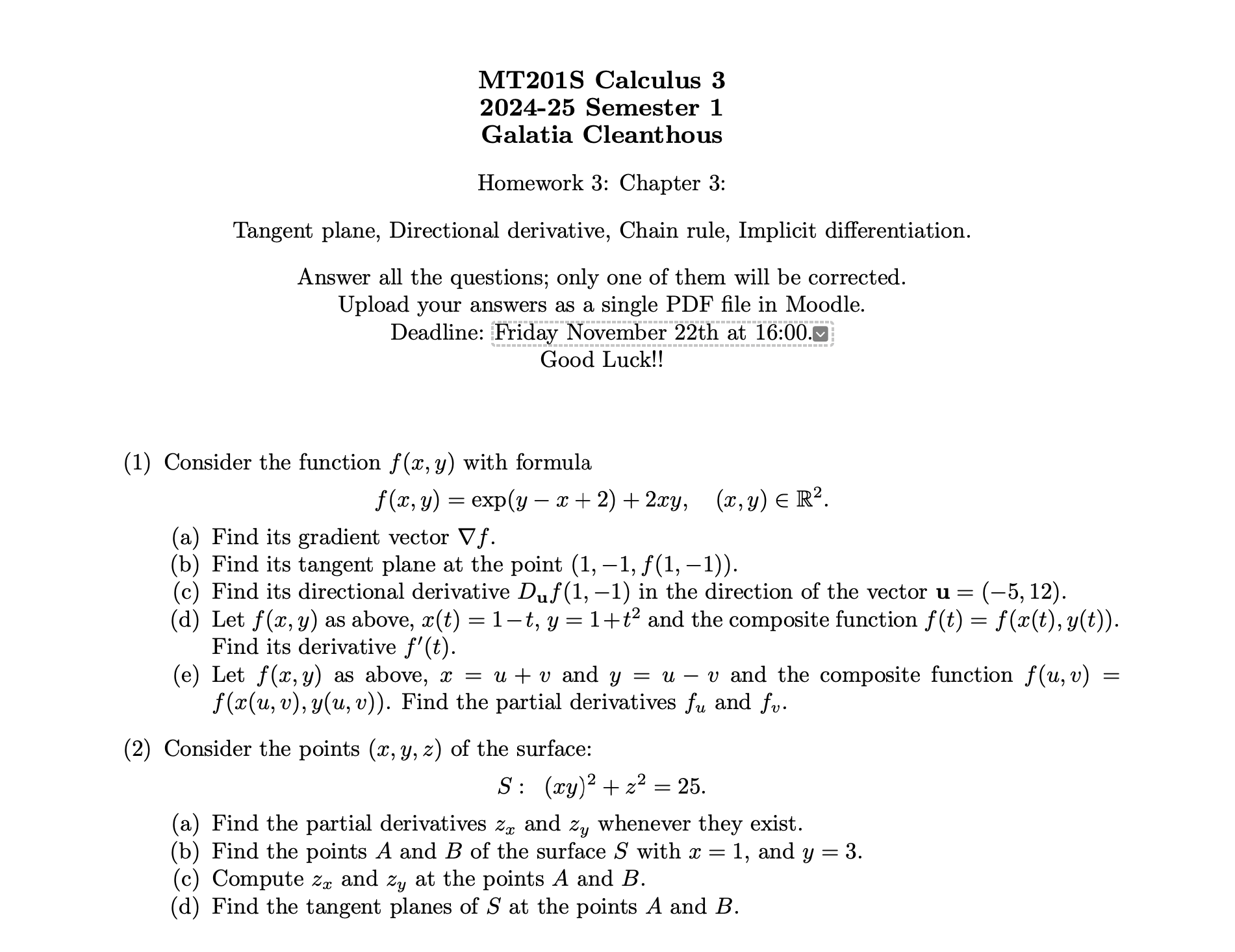 Solved Homework 3: Chapter 3:Tangent plane, Directional | Chegg.com