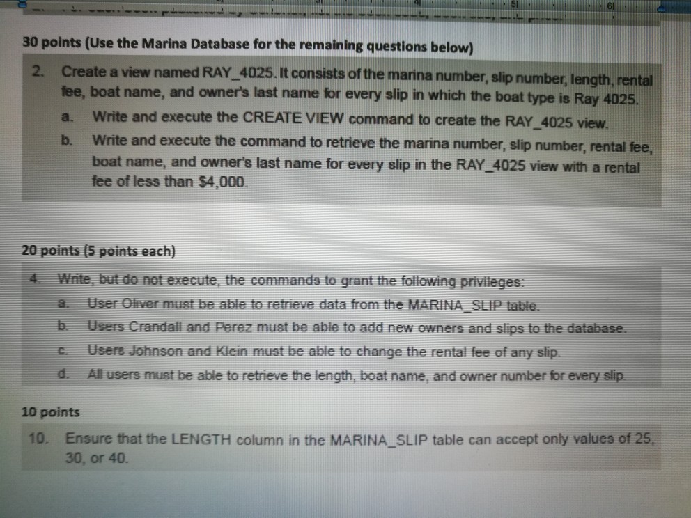 Solved 30 points (Use the Marina Database for the remaining | Chegg.com