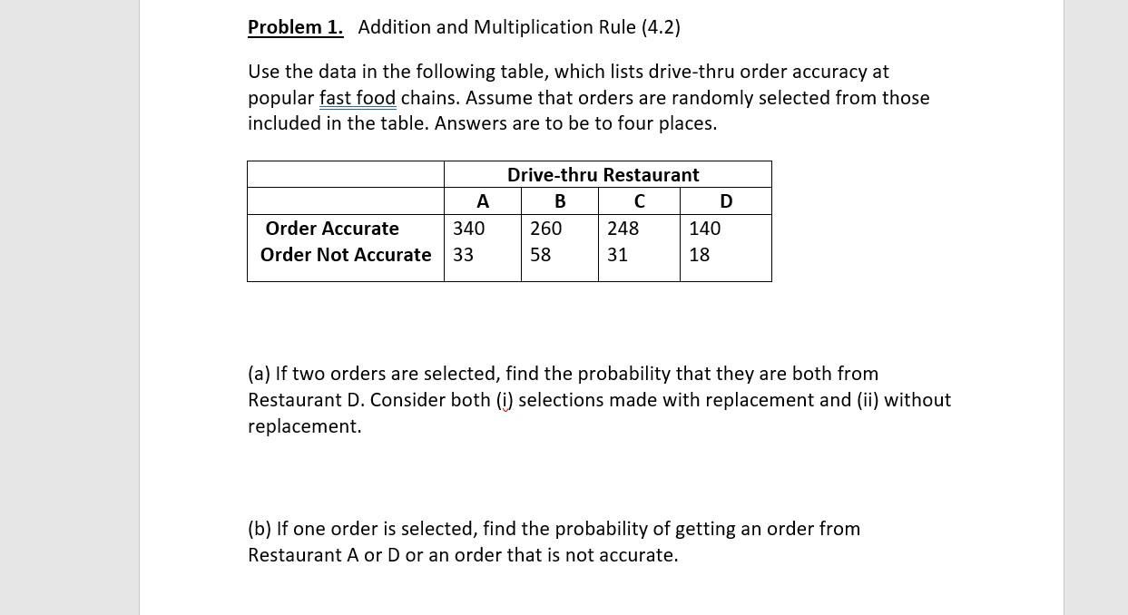 Solved Problem 1. Addition and Multiplication Rule (4.2) Use | Chegg.com