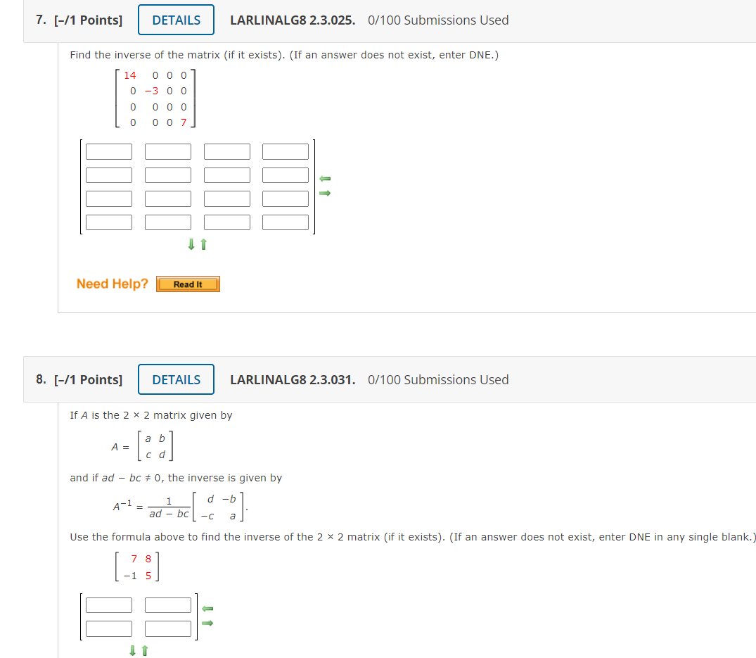 Solved 7. [-/1 Points] DETAILS LARLINALG8 2.3.025. 0/100 | Chegg.com