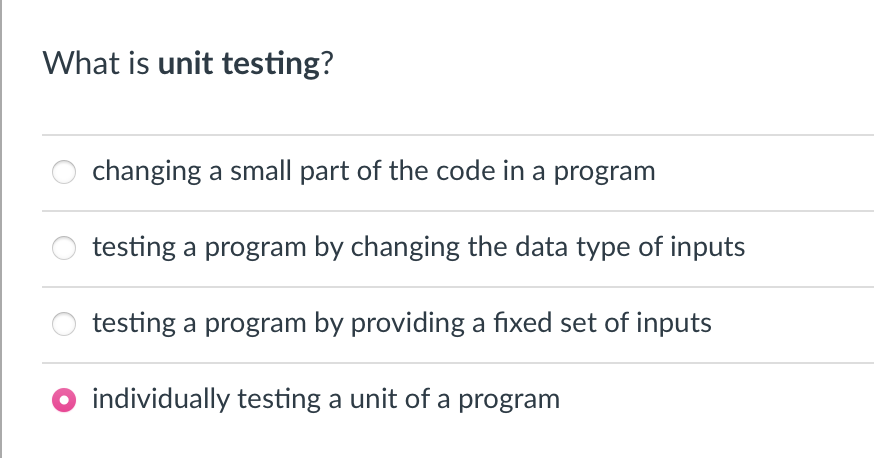 Solved What is unit testing? changing a small part of the | Chegg.com