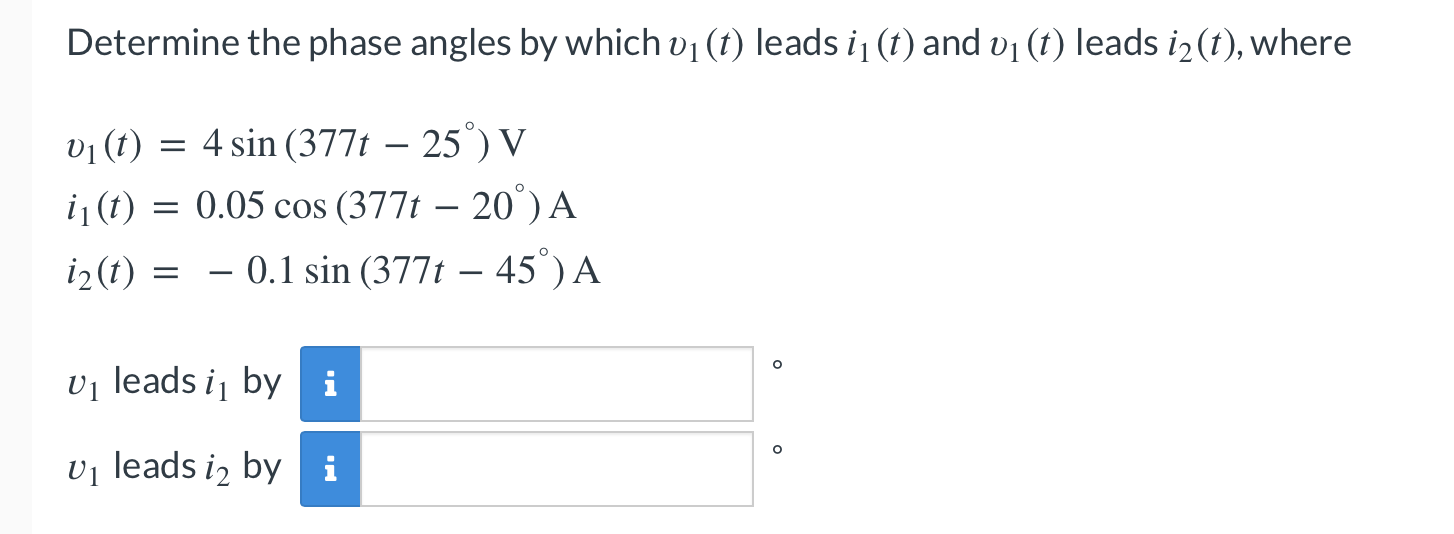 Solved Determine the phase angles by ﻿which v1(t) ﻿leads | Chegg.com