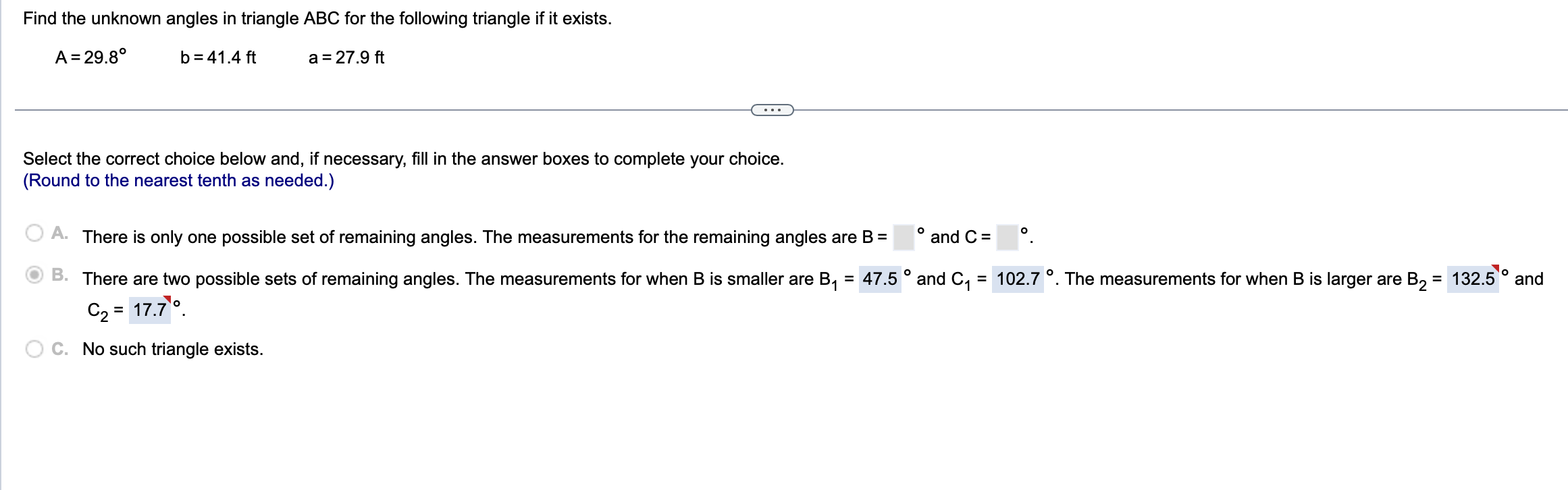 Solved Find the unknown angles in triangle ABC for the | Chegg.com