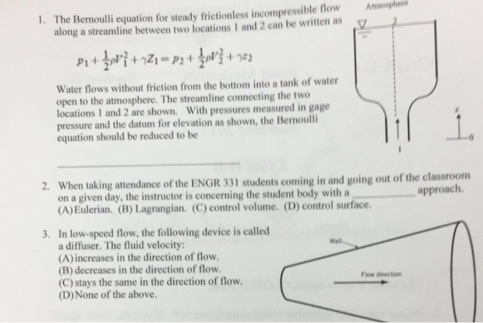 Solved The Bernoulli equation for steady frictionless | Chegg.com