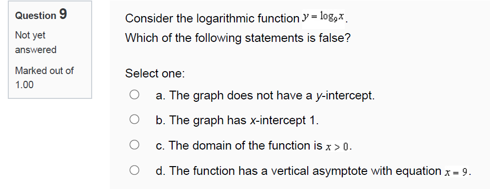 Solved Consider the logarithmic function y=log9x.Which of | Chegg.com